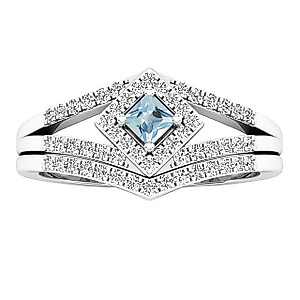 Dazzlingrock Collection 2.5 mm Princess Aquamarine & Round White Diamond Ladies Split Shank Engagement Ring Set, Sterling Silver, Size 4