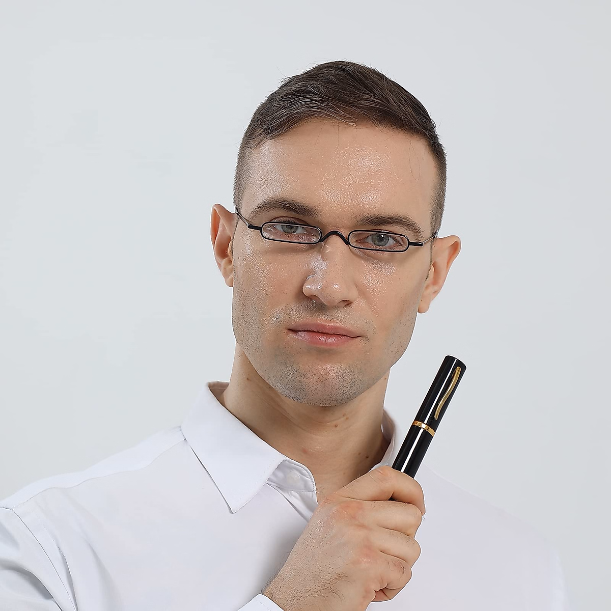 DXYXYO Slim Pocket Reading Glasses Men 2 Pack, Womens Compact Small Metal Readers with Portable Case, 2.0+ Black and Grey