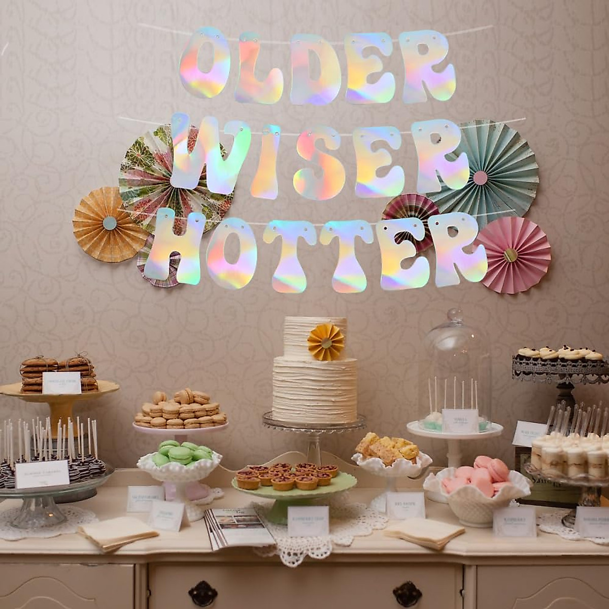 BEISHIDA Iridescent Glitter Older Wiser Hotter Banner -NO DIY - Pre-Strung Birthday Banner Decoration for 40th 50th 60th 70th 80th Women Funny Cute Birthday