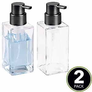 mDesign Glass Refillable Foaming Hand Soap Dispenser Modern Square Pump Bottle for Bathroom Vanities or Kitchen Sink, Countertops - 2 Pack - Clear/Black