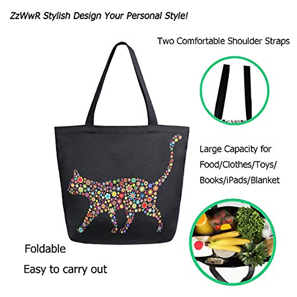 ZzWwR Fresh Flower Cat Extra Large Canvas Shoulder Tote Top Handle Bag for Gym Beach Weekender Travel Shopping,Black
