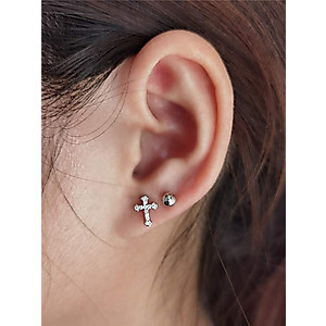 CZ Cross 20g Barbell Ball Stud Sterling Silver Earrings for Women Girls Cubic Zirconia Tiny Small Studs Cartilage Tragus 4mm Bead Screw Back Hypoallergenic Thin Faux Piercing Body (Silver) 1