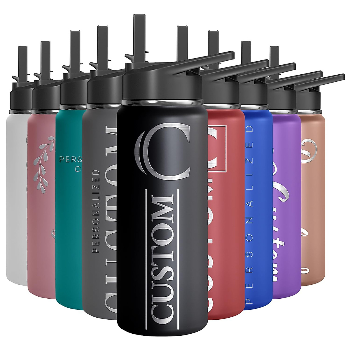 Personalized Custom Water Bottles w/Flip Straw & Lid 18/32/40 oz Black Custom Stainless Steel Insulated Bottle with Name Travel Coffee Mug
