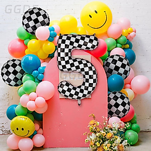 40 Inch Checkered Number Balloon 5 Black and White Race Car Birthday Balloons Baby Hippie Smile Party Shower Boys 5th Birthday Race Car Theme Party Decor Supplies 5 Pcs