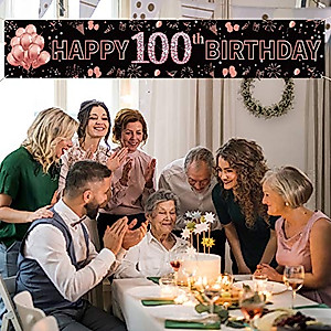 Pimvimcim Happy 100th Birthday Banner Decorations, Large 100th Birthday Party Sign, Rose Gold 100th Birthday Party Supplies for Women, 100 Years Old Birthday Photo Booth Backdrop (9.8x1.6ft)