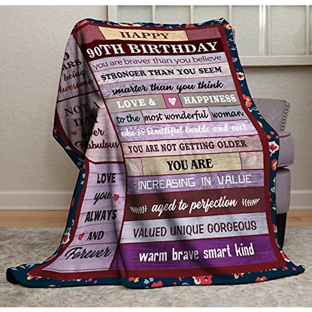 Muxuten 90th Birthday Gifts for Women Blanket 60"X50" - Gifts for 90 Year Old Woman - 90 Year Old Birthday Gifts for Women - 90th Birthday Decor Gift Ideas - 90th Birthday Gifts for Men Mom Grandma