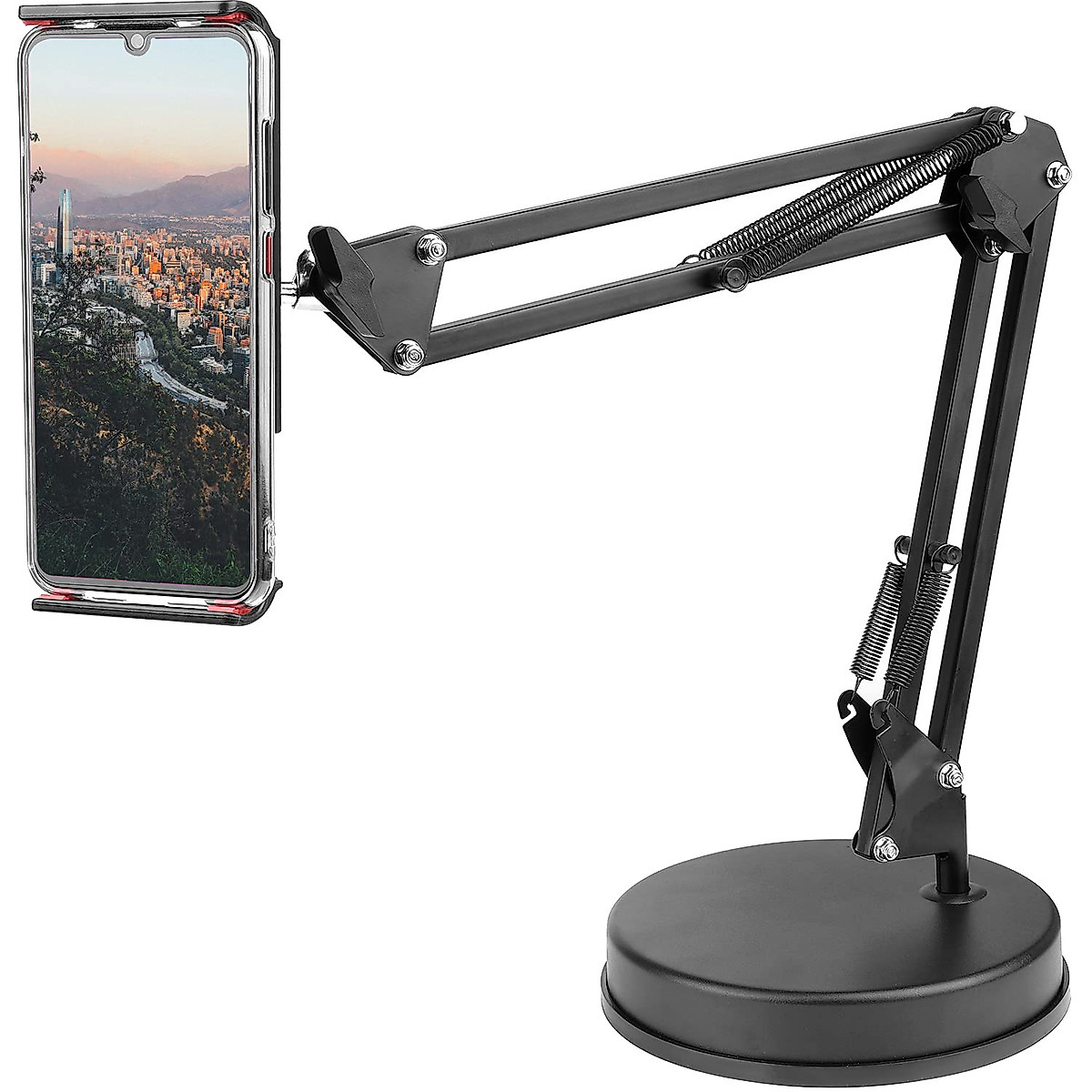 Overhead Phone Mount Stand ChromLives Phone Video Stand Articulating Arm Phone Mount Table Top with Base Adjustable 360° Cell Phone Tablet Holder Mount Desktop Compatible with Phones, Tablets, iPad