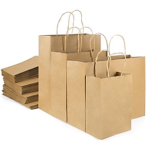 woric 120 PCS Brown Paper Bags with Handles, Large Gift Bags 4 Assorted Sizes Bulk Paper Bags for Christmas Gifts Small Business Retails Shopping Stocking Stuffers