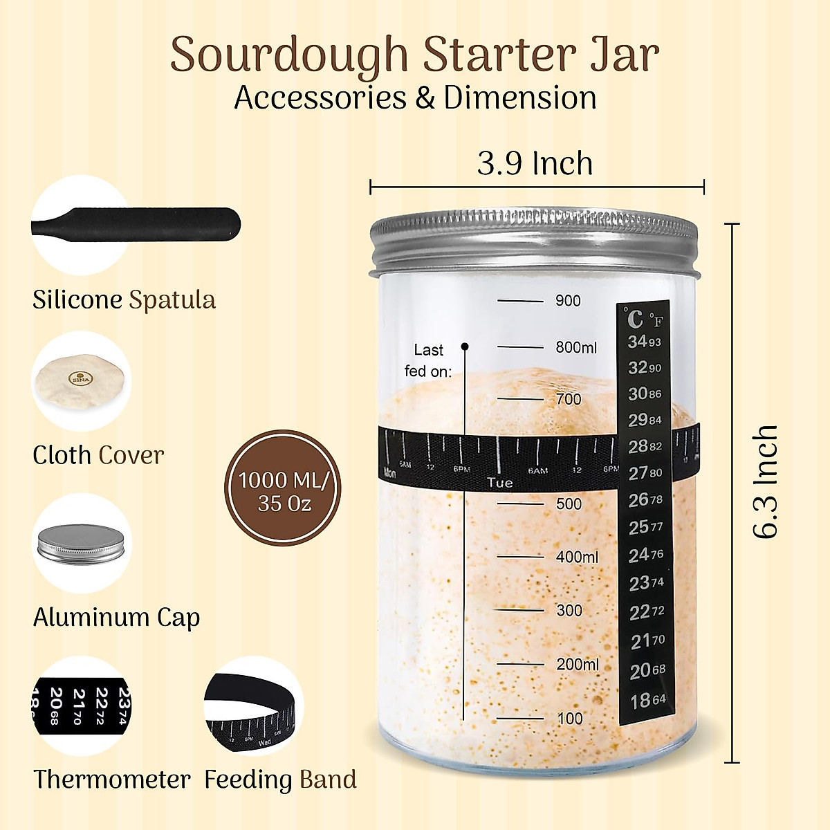 Banneton Bread Proofing Basket Set Sourdough Starter Kit Round 9" Rattan Proofing Basket, 36oz Large Wide Sourdough Starter Jar, Bread Lame, Sourdough Bread Baking Supplies, Banneton Basket Gift Set