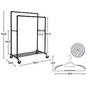 SONGMICS Industrial Pipe Clothes Rack Bundle with 50 Clothes Hangers, Rolling Garment Rack with Bottom Storage Shelf, Space-Saving Plastic Hangers with Tie Bars UHSR60B and UCRP20G50