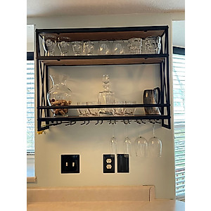 SSS Furniture Industrial Wine Rack Wall Mounted with 8 Stem Wine Glass Holder, 31.5in Hanging Wall Wine Rack Floating Bar Shelves, 3-Tier Wood Shelves Wine Shelf Home Décor Display Rack