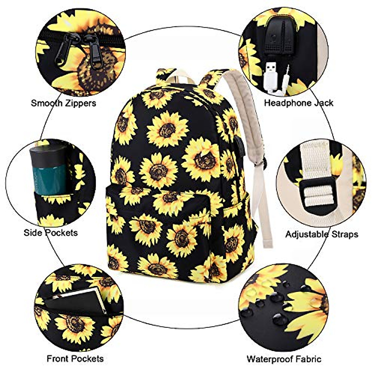 Natayoo Sunflower School Backpack for Girls Women Water Resistant Laptop Backpack with USB Charging Port, Lightweight College Bookbag