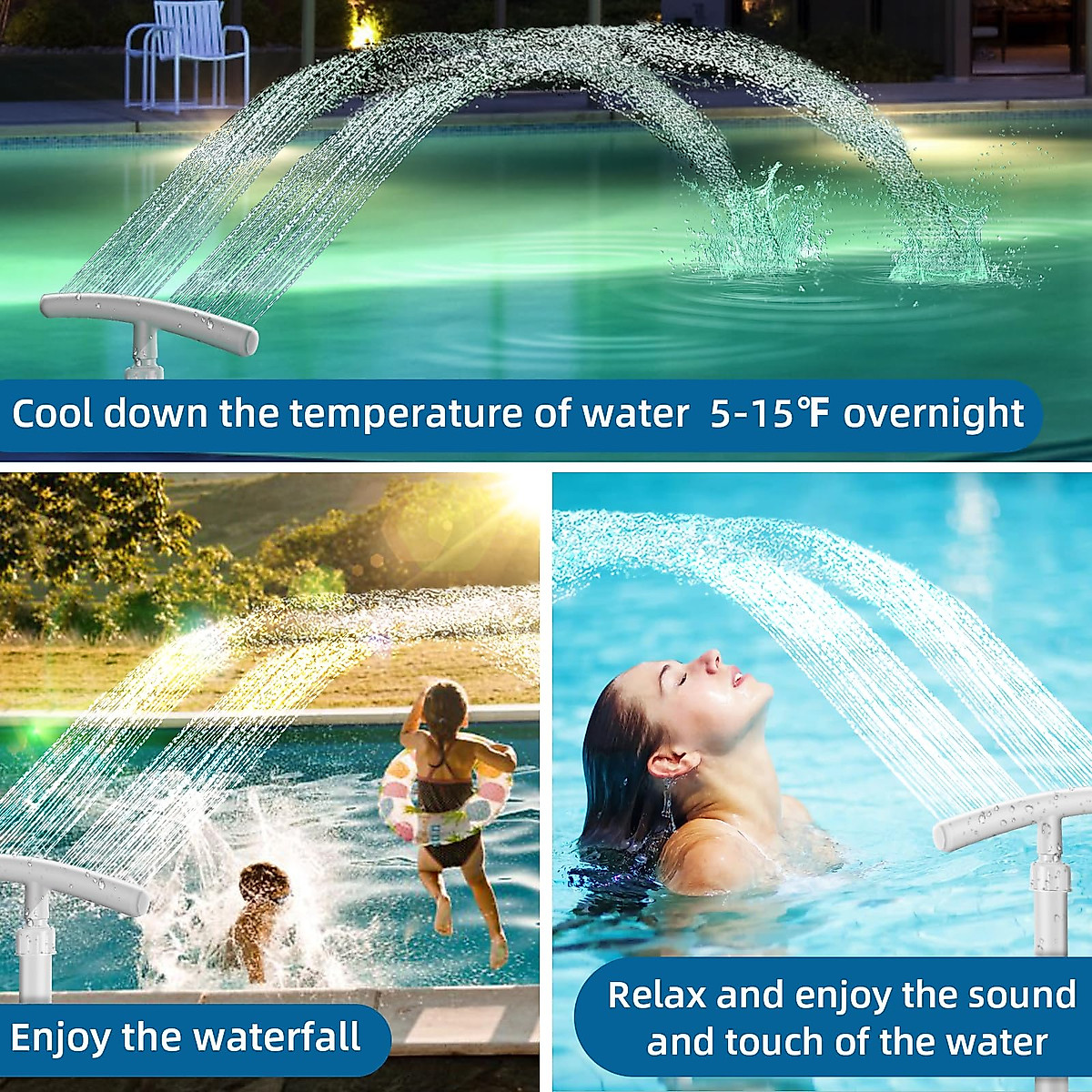 Pool Fountain for Above and In-Ground Pools, Dual Spray Pool Waterfall Fountain, 360°Adjustable Waterfall Pool Sprinkler Fountain for Cooling & SPA Relaxation, Above and Inground Pool Accessories
