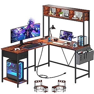 Yoobure L Shaped Desk with Power Outlet, Reversible L Shaped Computer Desk with Storage Shelf and Drawer, Corner Desk with Storage Bag, 2 Person Home Office Desk, Industrial Gaming Desk with USB Ports