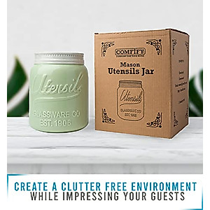 Comfify Wide Mouth Mason Jar Utensil Holder Decorative Kitchenware Organizer Crock, Chip Resistant Ceramic, Dishwasher Safe - Kitchen Caddy Green, Large Size 7" High