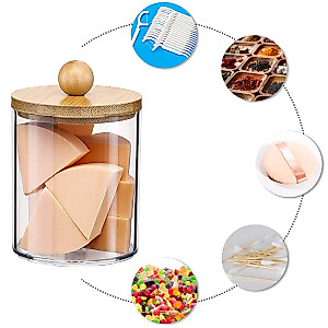 3Pcs Qtip Holder Dispenser, Apothecary Jars with Bamboo Lids, Clear Acrylic Bathroom Jars with Tray, Cotton Swab Storage Dispenser, Reusable Bathroom Canisters, Cotton Swab Holder Dispenser for Makeup