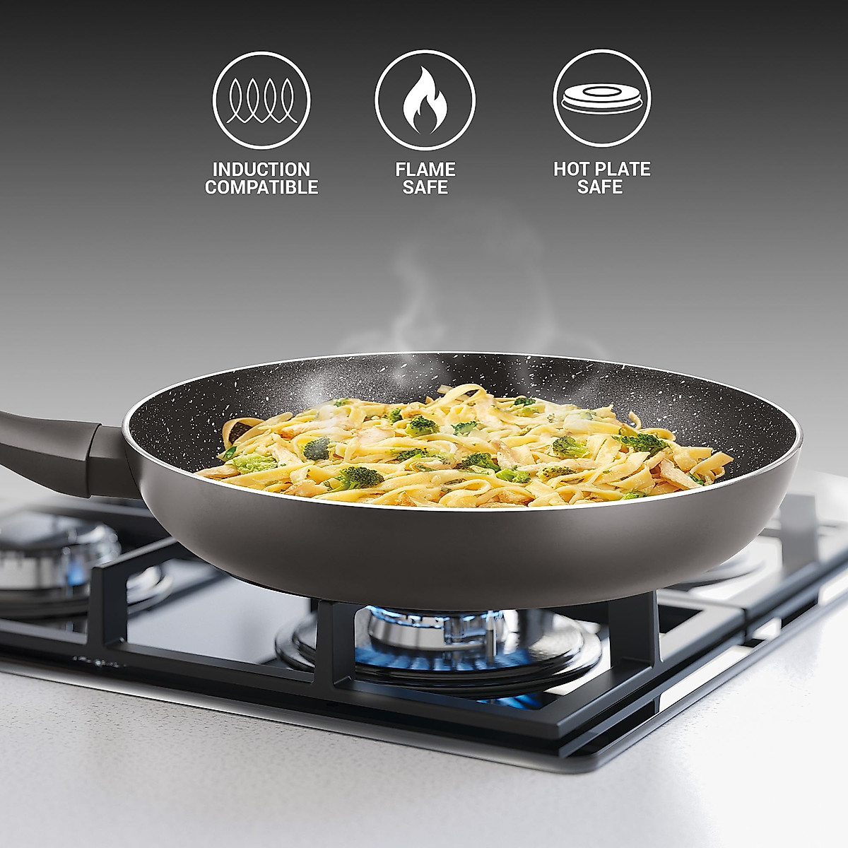 Milton Nonstick frying pan 9.4 inch. Large pan for egg omelette, pancake. Flat bottom Stir fry skillet for electric induction cookware. Dishwasher & Oven safe (Aluminium) Black