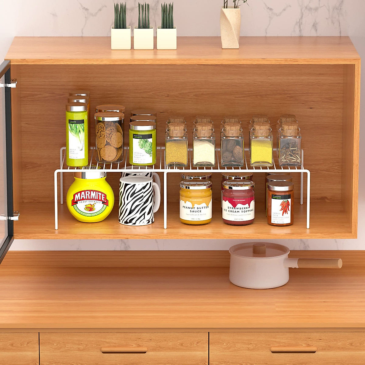 Redrubbit Cabinet Storage Shelf Rack, 4 Piece Expandable Metal Rustproof Kitchen Counter and Cabinet Shelf, Storage Rack Organizer Space Saver for Kitchen, Fridge, Cabinet, Bathroom, White, Set of 2