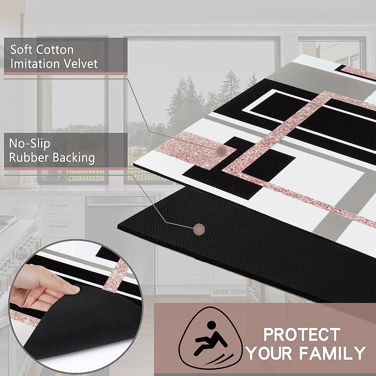 FRAMICS Anti Fatigue Kitchen Mats Set of 2, Non Slip Cushioned Kitchen Rug Sets, Washable Geometric Square Kitchen Runner Rugs for Home Office Laundry, 17'' x 47'' + 17'' x 30'' Abstract Art Patchwork