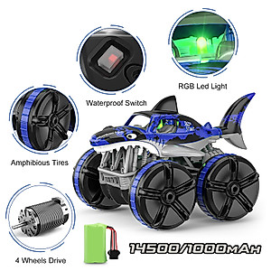 Amphibious Remote Control Car, RC Cars 2.4 GHz Working on Water, All Terrain Monster Shark Truck Stunt Car, Toys Gift for Boys Girls Age 5 6 7 8 9 10