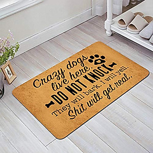 DoubleJun Funny Doormat Crazy Dogs Live Here Do Not Knock They Will Bark Entrance Mat Floor Rug Indoor/Outdoor/Front Door Mats Home Decor Machine Washable Rubber Non Slip Backing 29.5"(W) X 17.7"(L)