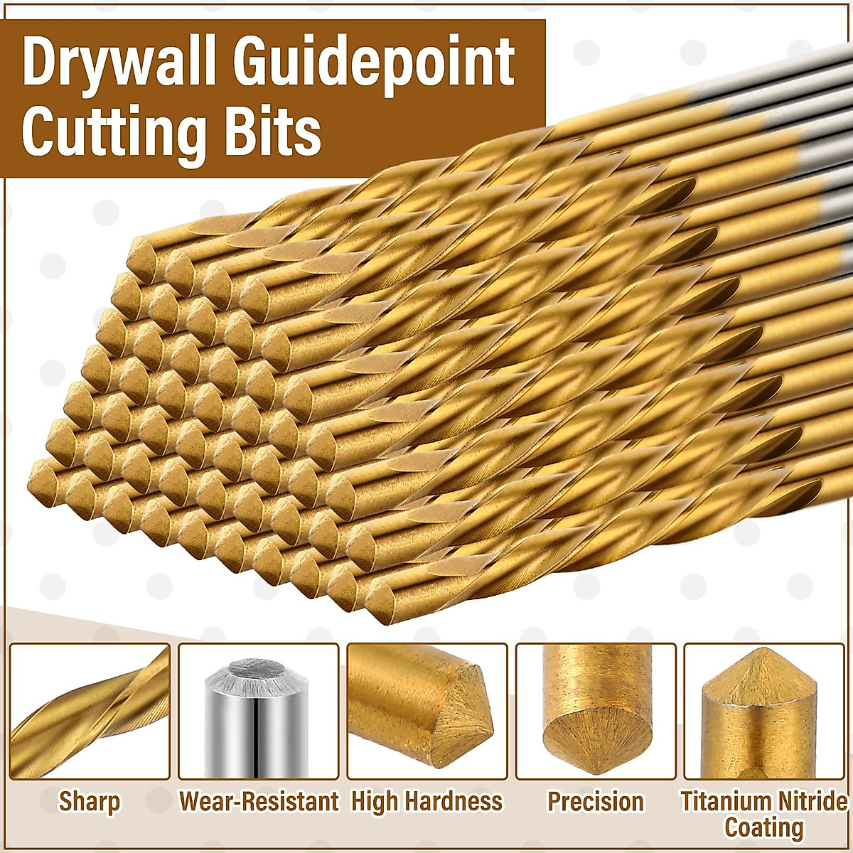Tondiamo 50 Pcs Drywall Bits 1/8" Titanium Nitride Drill Bits Drywall Guide Point Cutting Bits Diameter Drywall Bit High Speed Steel Drywall Tools Accessories for Use with Spiral Saw