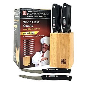 Miracle Blade World Class Quality 4'' Steak Knife Set, 9 Piece: 8 Steak Knives with a Mini Wood Block