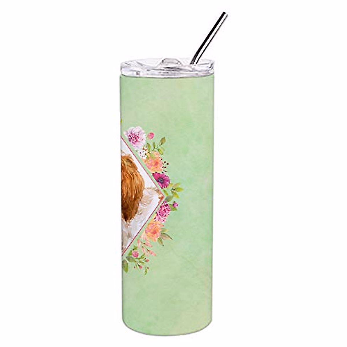 Caroline's Treasures CK4286TBL20 Cavalier King Charles Spaniel Green Flowers Double Walled Stainless Steel 20 oz Skinny Tumbler, 20 oz, multicolor