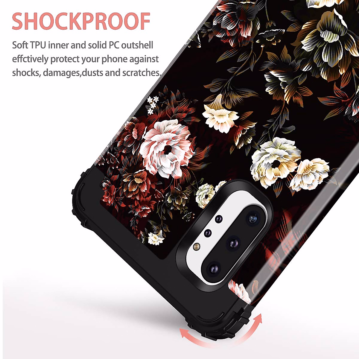 LONTECT for Galaxy Note 10 Plus 5G Case 3 in 1 Heavy Duty Hybrid Sturdy High Impact Shockproof Protective Cover Case for Samsung Galaxy Note 10+ Plus/Note 10 Plus 5G, Black/White Flower