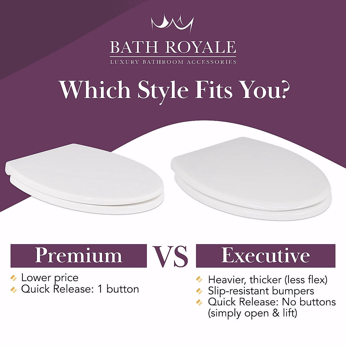 Bath Royale Slow Close Toilet Seat BR501-00 White Elongated, Stain-Resistant and Easy to Keep Clean, Heavy Duty Fits All Toilet Brands, Executive Series