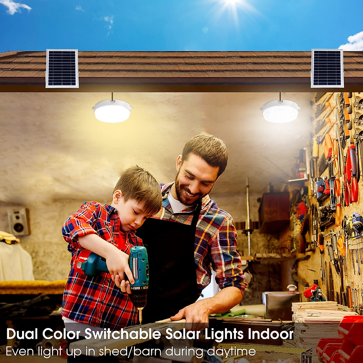 Malitupy Solar Ceiling Lights Indoor Outdoor Home, Daytime & Dimmable 1000LM Solar Shed Light with ON Off Switch & Remote, Cool/Warm White Solar Barn Light for Yard, Patio, Shop, Porch, Chicken Coop