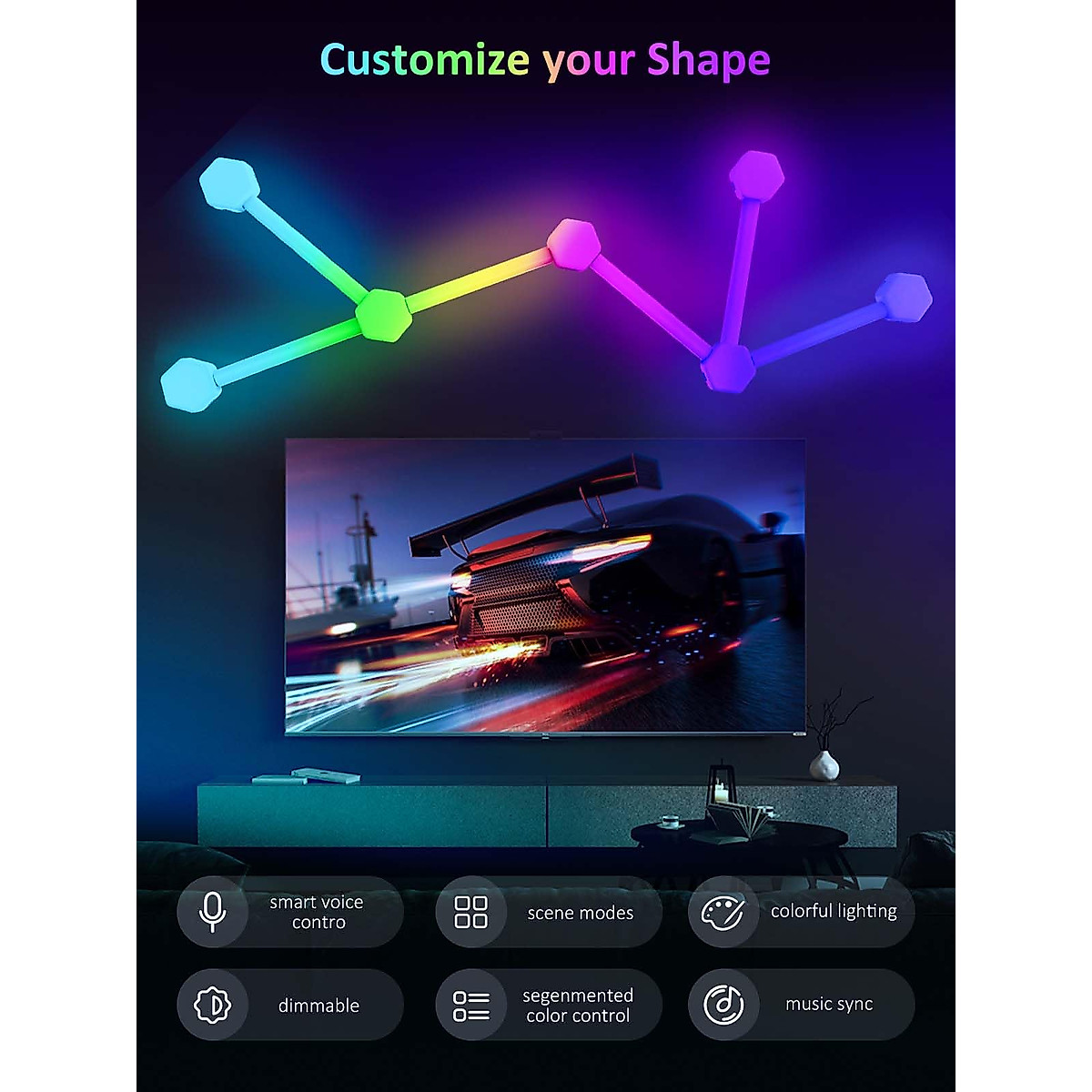 YSJ 14pack LED Wall Light, RGB Wall Lights, Hexagon Wall Light DIY Geometry Splicing Gaming Lights, Smart Glide Lively Light Bars for Gaming Room Decor and Streaming, Creative Lights with Music Sync