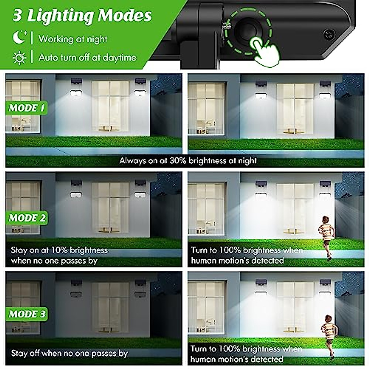 Solar Outdoor Lights, Motion Sensor Dusk to Dawn Wall Lights Waterproof, LED Outside Solar Powered Security Flood Light Fixtures 3 Modes with 16FT Cable for Front Door Porch Shed Barn Garage, 2 Packs