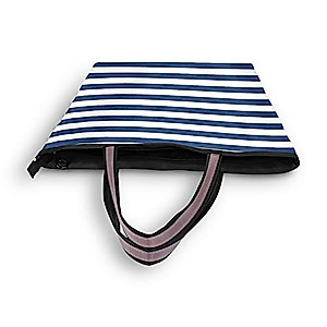 Bolaz Tote Bag with Zipper for Women Navy Blue White Striped Handbags Pockets Shoulder Bag Work Large Travel Office Business