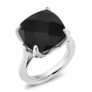 Gem Stone King 925 Sterling Silver Black Onyx and White Diamond Engagement Ring For Women (8.27 Cttw, 14MM Cushion Checkerboard, Available in Size 5,6,7,8,9)
