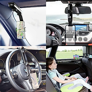 Multifunctional Rotating and Telescopic Phone Mount for Car, Can Use Sun Visor, Rearview Mirror, Seat, Steering Wheel, etc. Universal Cell Phone Clip Holder is Compatible with 4-7 inch Smartphones.