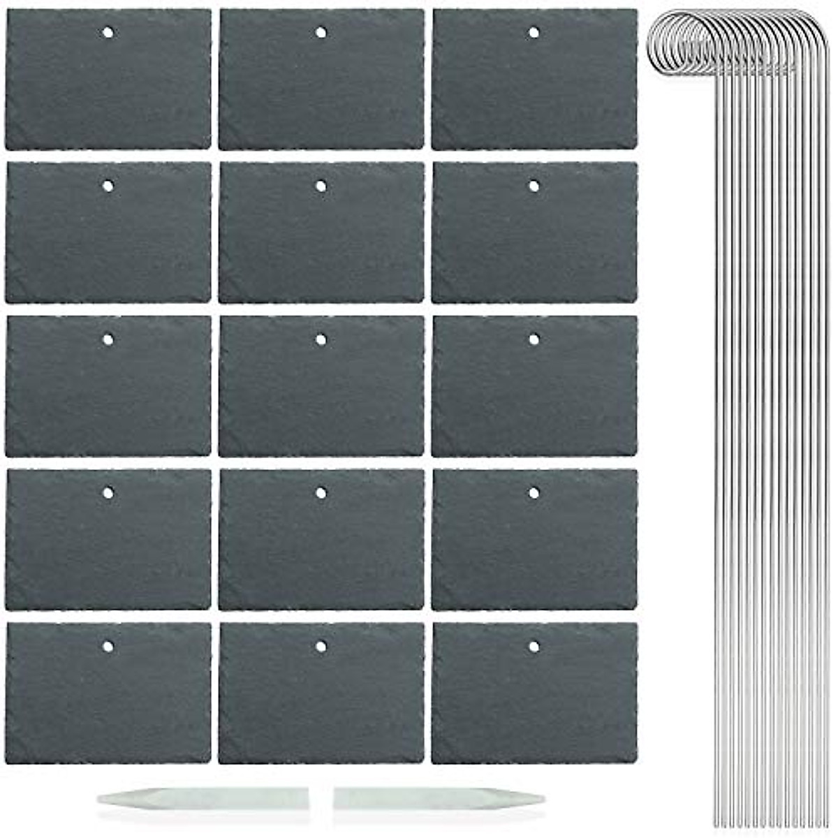 LSP - Products 15 Pack Plant Label Markers, Natural Slate Hanging Garden Markers with 15 Stainless Steel Rods and 2 Pack Soapstone Chalk for Labelling of Plants, Herbs, & Vegetables