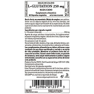 Solgar Reduced L-Glutathione 250 mg, 60 Vegetable Capsules - Antioxidant Support - Free Form Amino Acids - Non-GMO, Vegan, Gluten Free, Dairy Free, Kosher - 60 Servings