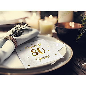 Cheers to 80 Years Cocktail Napkins | Happy 80th Birthday Decorations for Men and Women and Wedding Anniversary Party Decorations | 50-Pack 3-Ply Napkins | 5 x 5 inch folded (White)