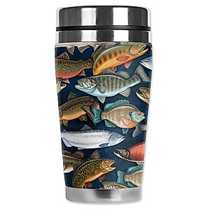 Mugzie Fresh Water Fish Travel Mug with Insulated Wetsuit Cover, 16 oz, Black