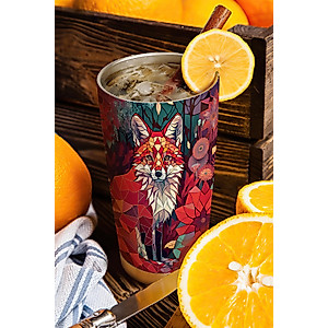 20oz Red Ruby Stained Glass Crystal Mosaic Fox Tumbler, Gifts for Fox Lovers, Coffee Thermos for Women, Stainless Steel Double Wall Vacuum Insulated Coffee Mug, Travel Cup with Lid