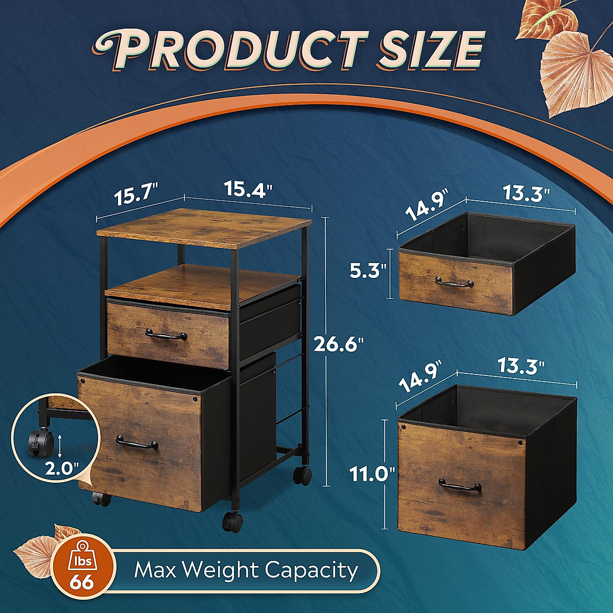 DEVAISE 2 Drawer Mobile File Cabinet, Rolling Printer Stand with Open Storage Shelf, Fabric Vertical Filing Cabinet fits A4 or Letter Size for Home Office, Rustic Brown Wood Grain Print