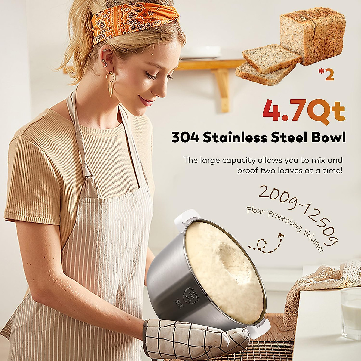 Moongiantgo 5L Dough Maker with Ferment Function, 200W Dough Kneading Machine with 304 Stainless Steel Bowl, Low Noise Operation, Microcomputer Timing, Touch Panel (White)
