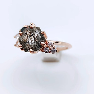 Rings For Women Hexagon Cut Black Rutilated Quartz Ring Vintage Unique Ring Marquise Cluster Black Spinel, Gift Beautiful Wedding Ring BY FOREVER GEMS & JEWELS, Rose Gold,White,Silver