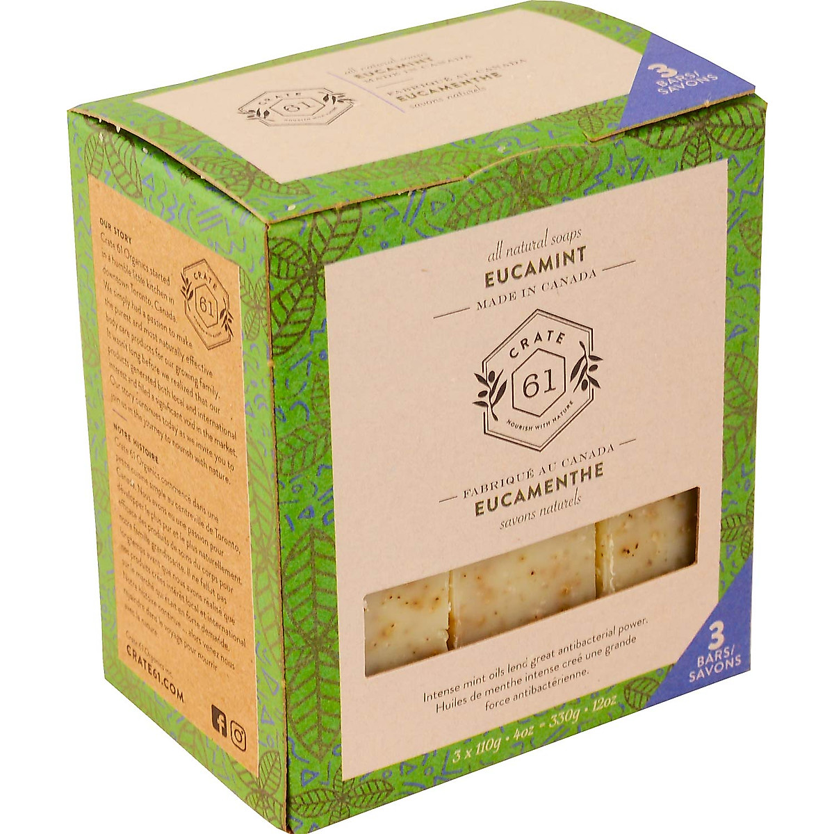 Crate 61, Handmade in Canada, Plant Based Cold Process Natural Bar Soap For Face And Body, With Premium Essential Oils, Eucalyptus & Peppermint For Men And Women 3 Pack (Eucamint)