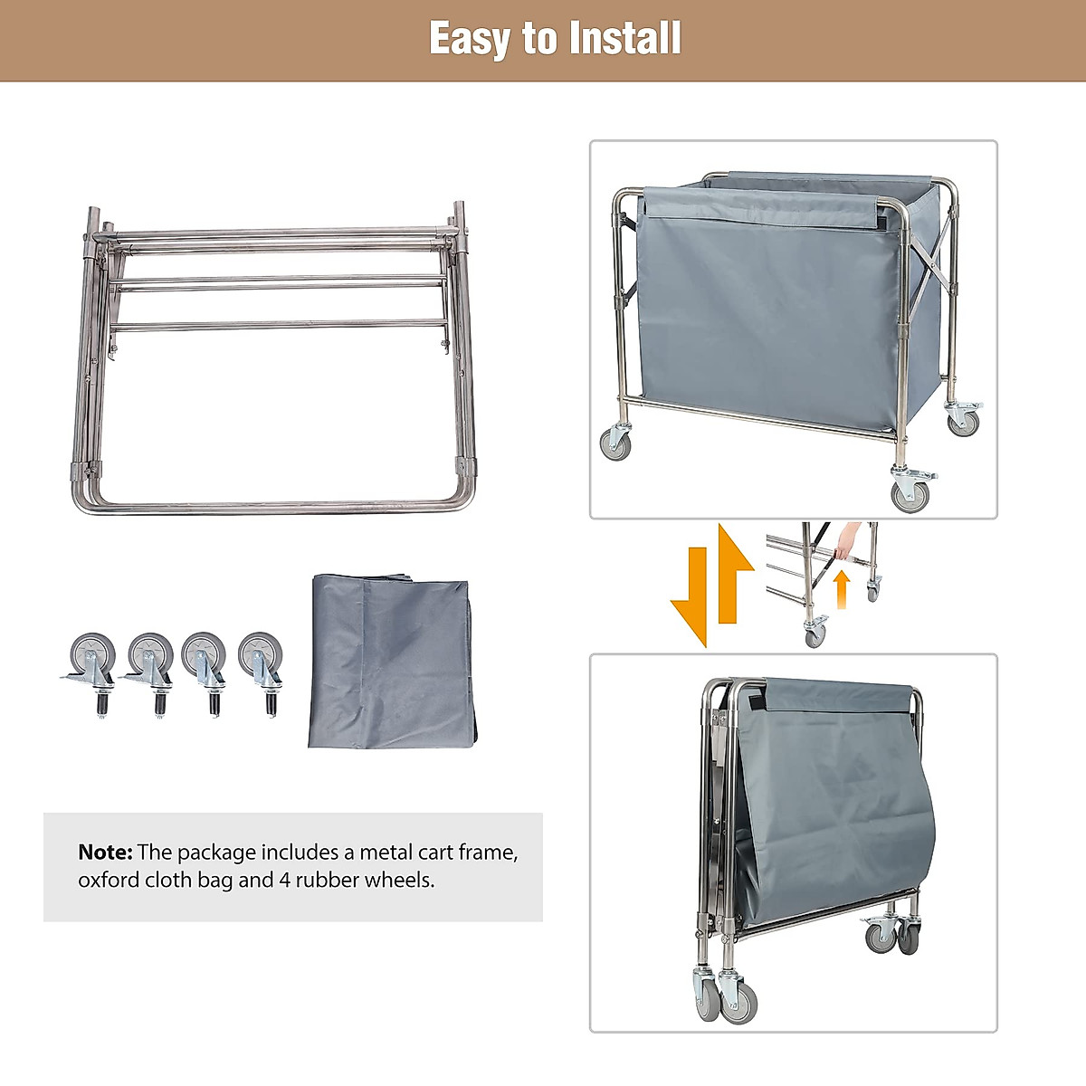 ALBOMI Collapsible Commercial Laundry Cart with Wheels, Large Folding Stainless Steel Laundry Hamper, Industrial Rolling Waterproof Laundry Basket for Hotel Hospital School Home, 440LB Load, Gray