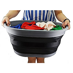 SAMMART 28L (7.4 gallon) Collapsible Plastic Laundry Basket-Oval Tub/Basket - Portable Washing Tub-Space Saving Laundry Hamper, Water capacity: 22L (5.8 gallon) (1, Dark Grey/Black)