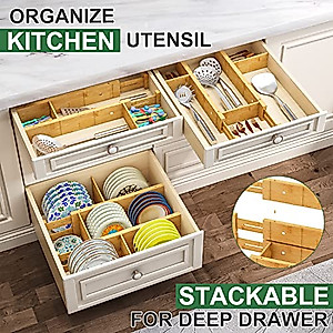 kiplant 8 Pack Bamboo Drawer Dividers with 8 Inserts, Kitchen Drawer Dividers from 16.5-22IN, Stackable Bamboo Drawer Organization for Kitchen & Dressers, 8 Dividers with 16 Inserts