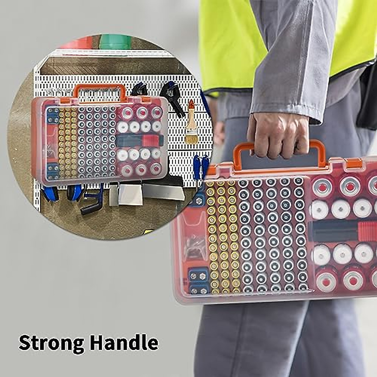 Battery Organizer Storage Case with Tester Checker. Batteries Holder Box Container for 120+ AA AAA 9V C D Lithium CR2025 CR1632 CR2032 Coin Cell Battery with Wall-Mounted Design -Orange