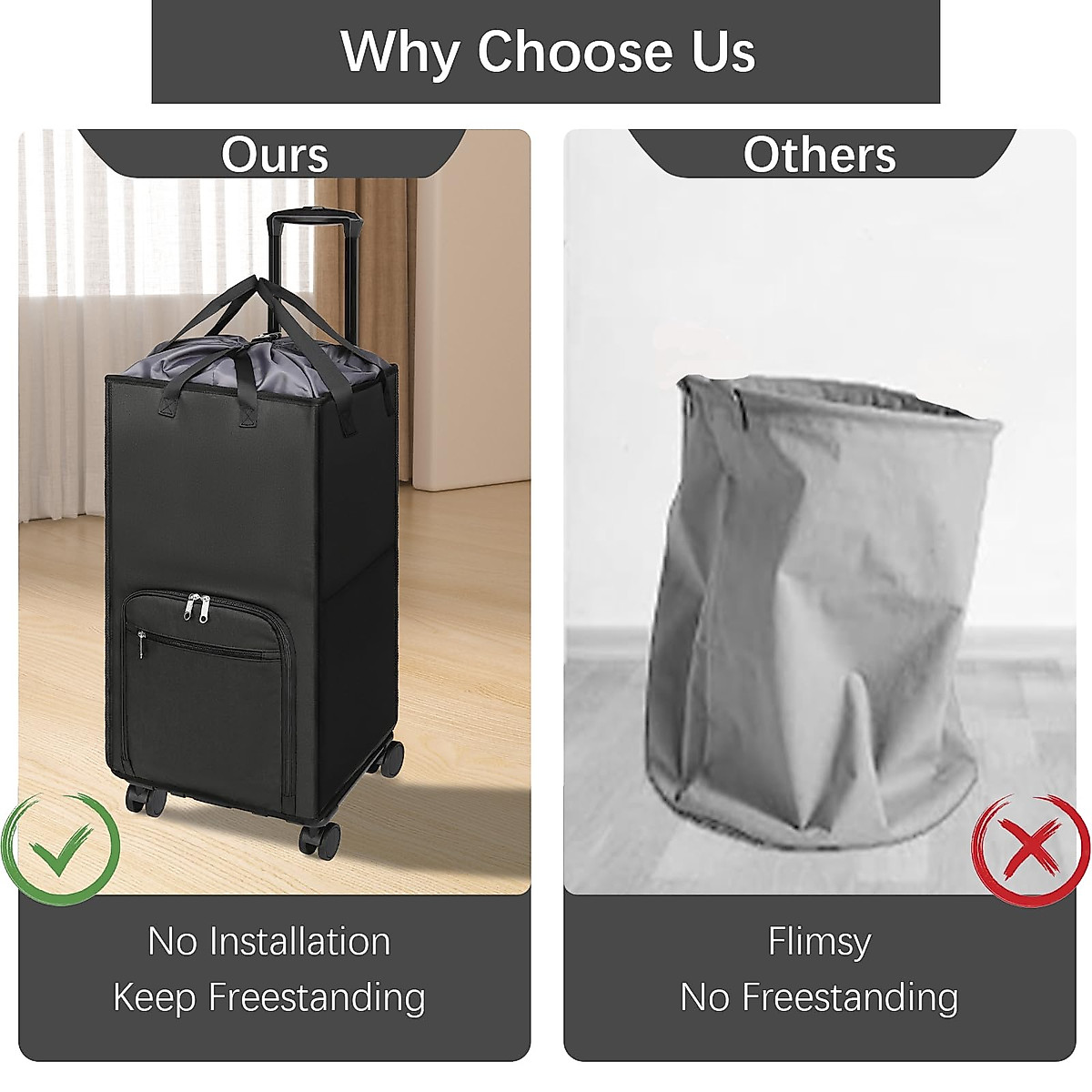 Bukere Extra Large Rolling Laundry Basket with Wheels, 90L Freestanding Collapsible Laundry Hamper Bag for Clothes Storage, Removable Wheeled Cart for College Dorm Apartment Laundry Room Bathroom